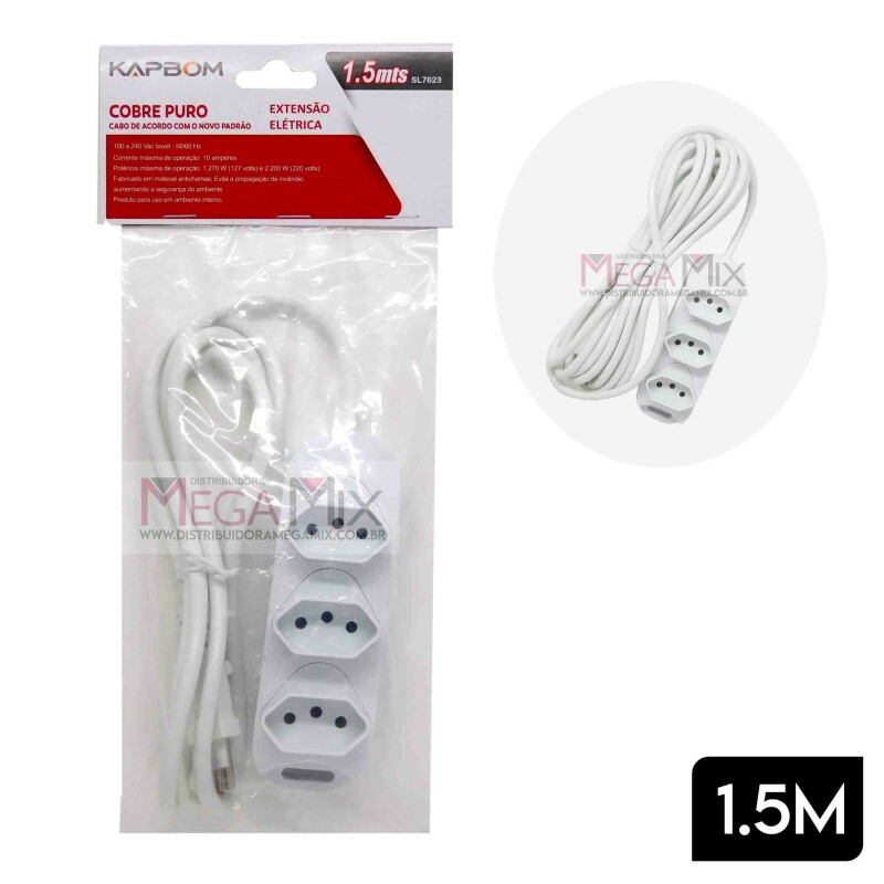 Extensão 3 tomadas Bivolt SL7623 - Kapbom | Mega Mix