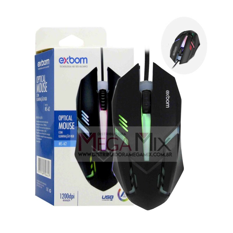 Mouse Óptico com fio RGB 1200DPI MS-62 | Mega Mix